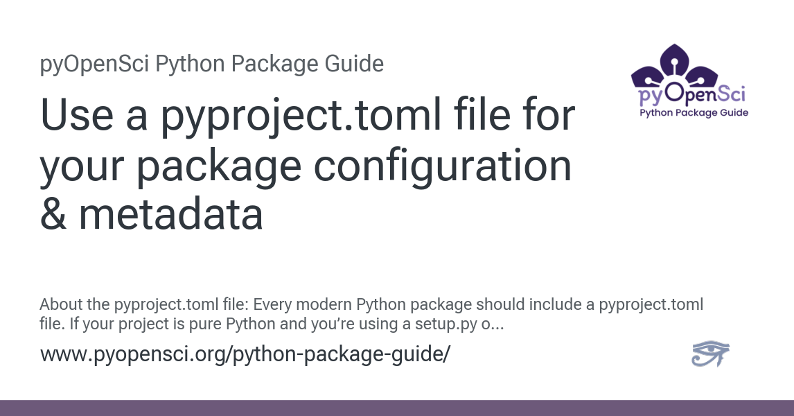 Use a pyproject.toml file for your package configuration & metadata ... Use a pyproject.toml file for your package configuration & metadata ...